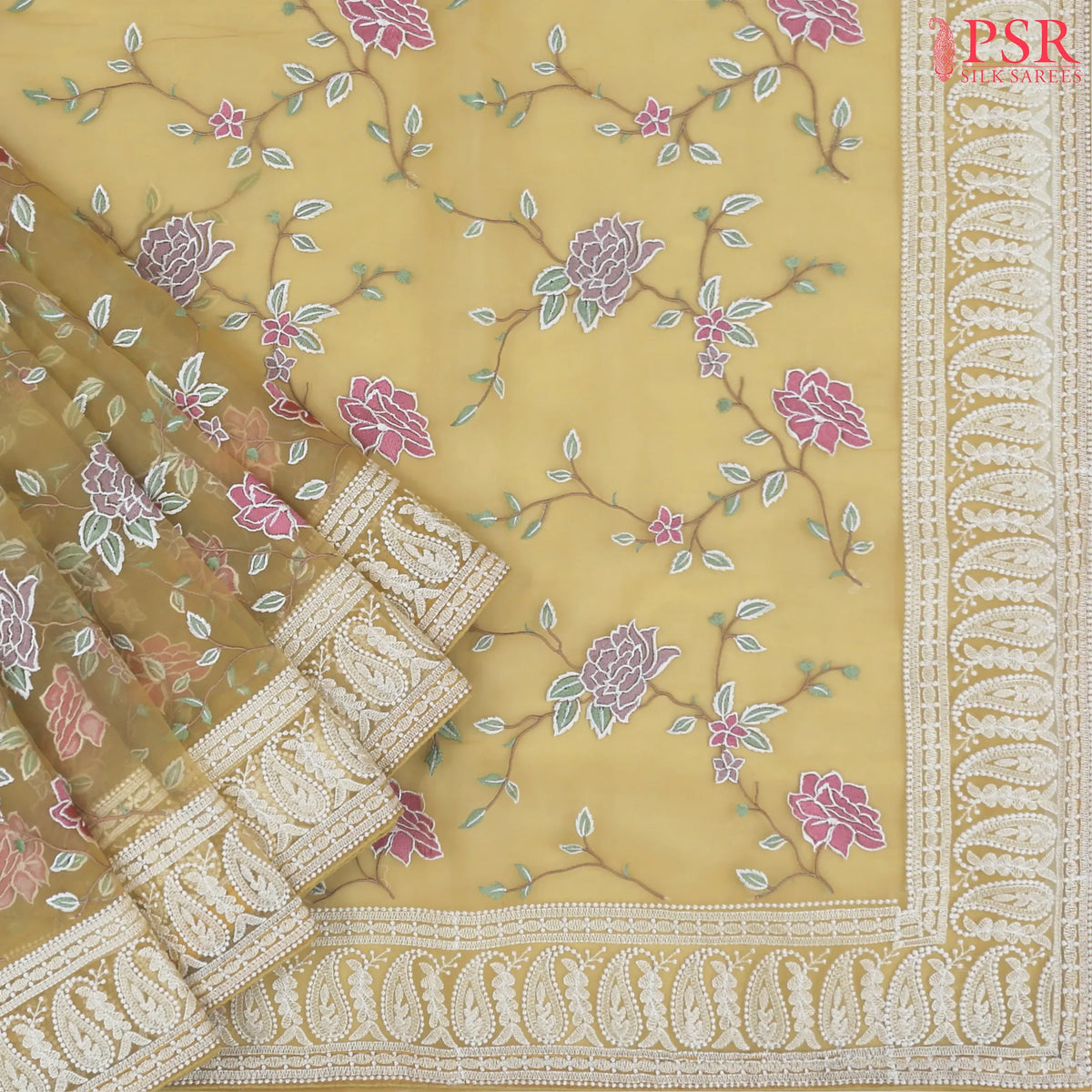 Flax Yellow Organza Embroidery Saree – PSR Silks