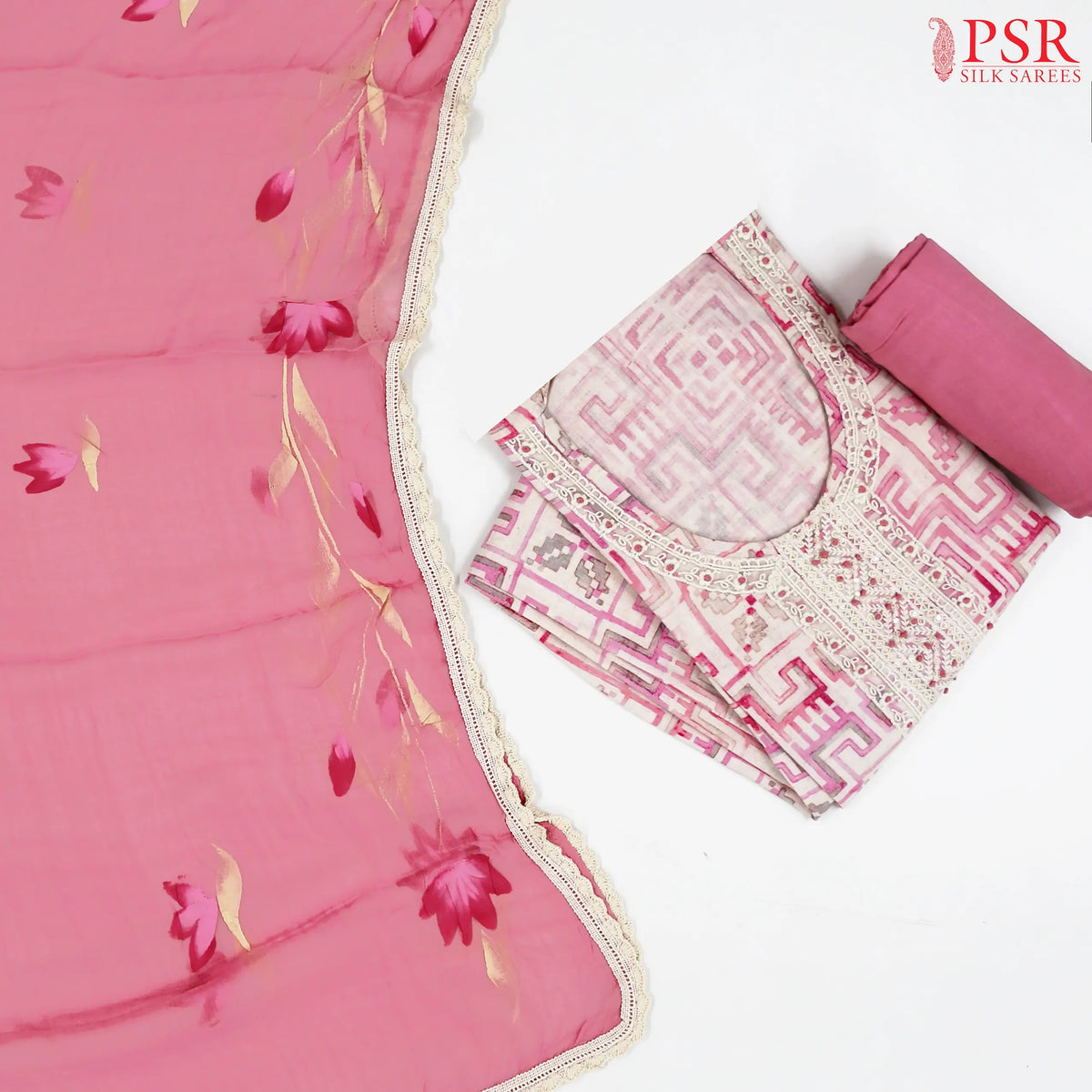Light Pink & Off White Cotton Dress Material – PSR Silks