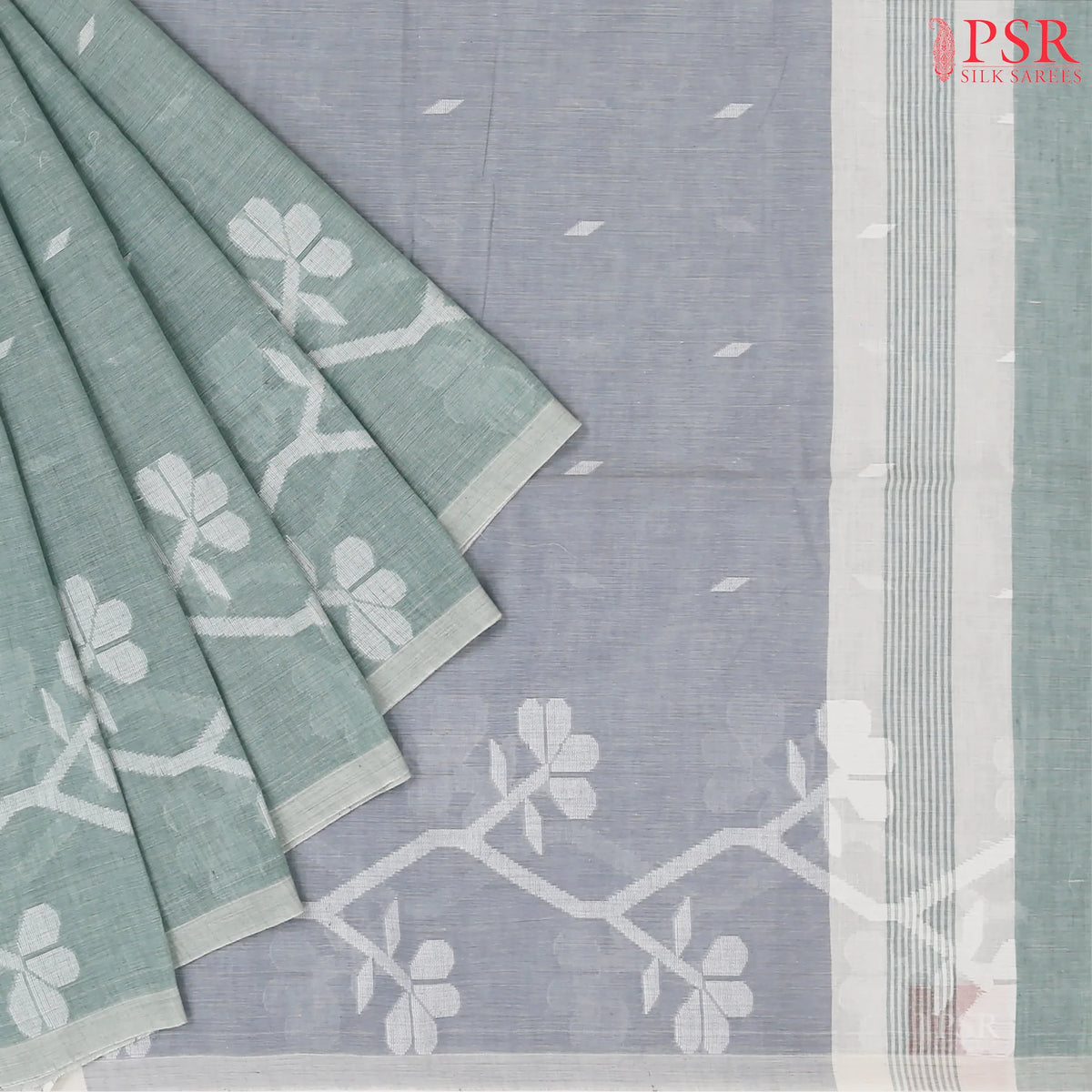 Grey Teal Byloom Cotton Saree – PSR Silks