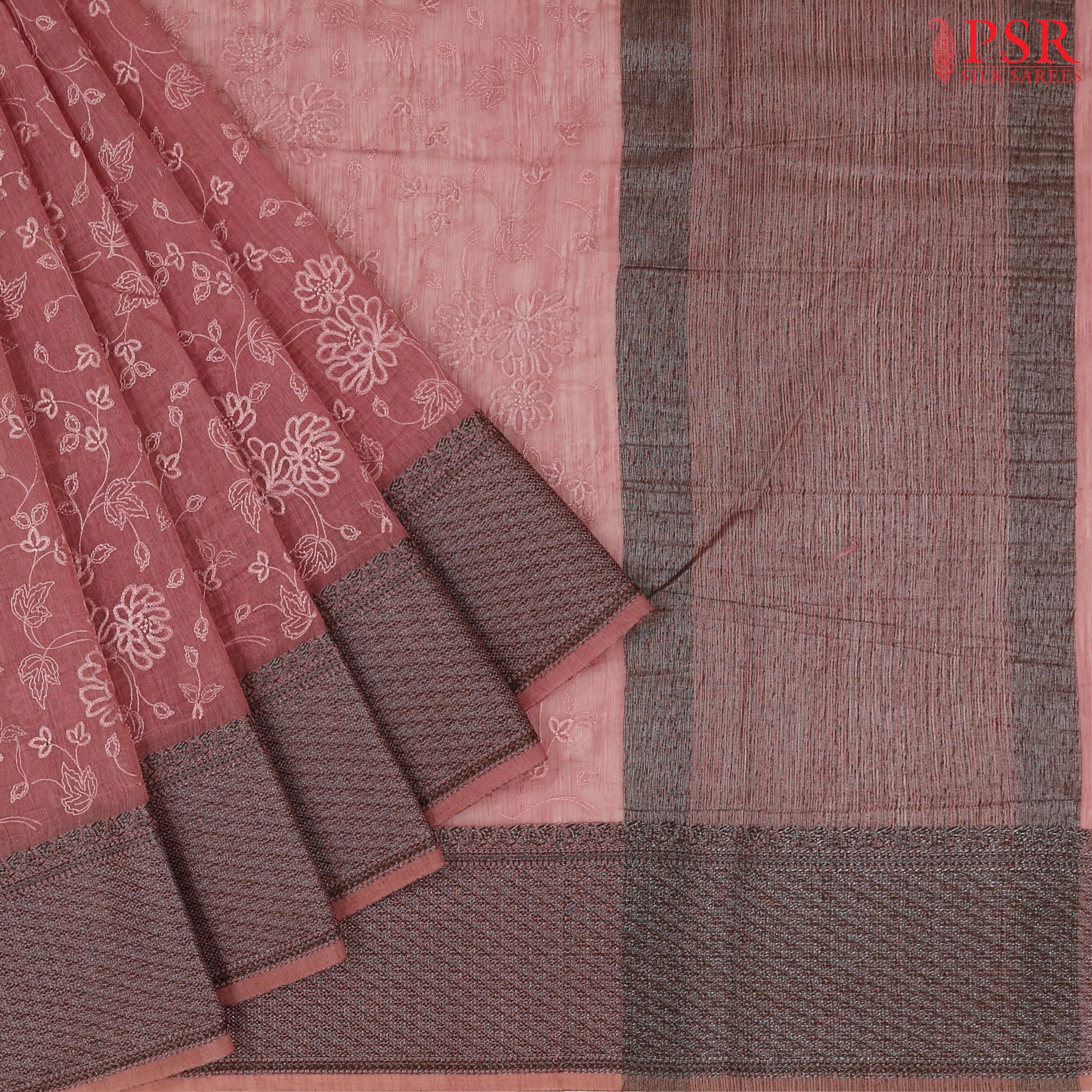 Dark Peach Linen Embroidery Saree – PSR Silks